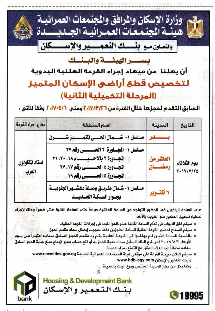 اعلانات الهيئة مواعيد أجراء القرعة العلنية لتخصيص قطع أراضى